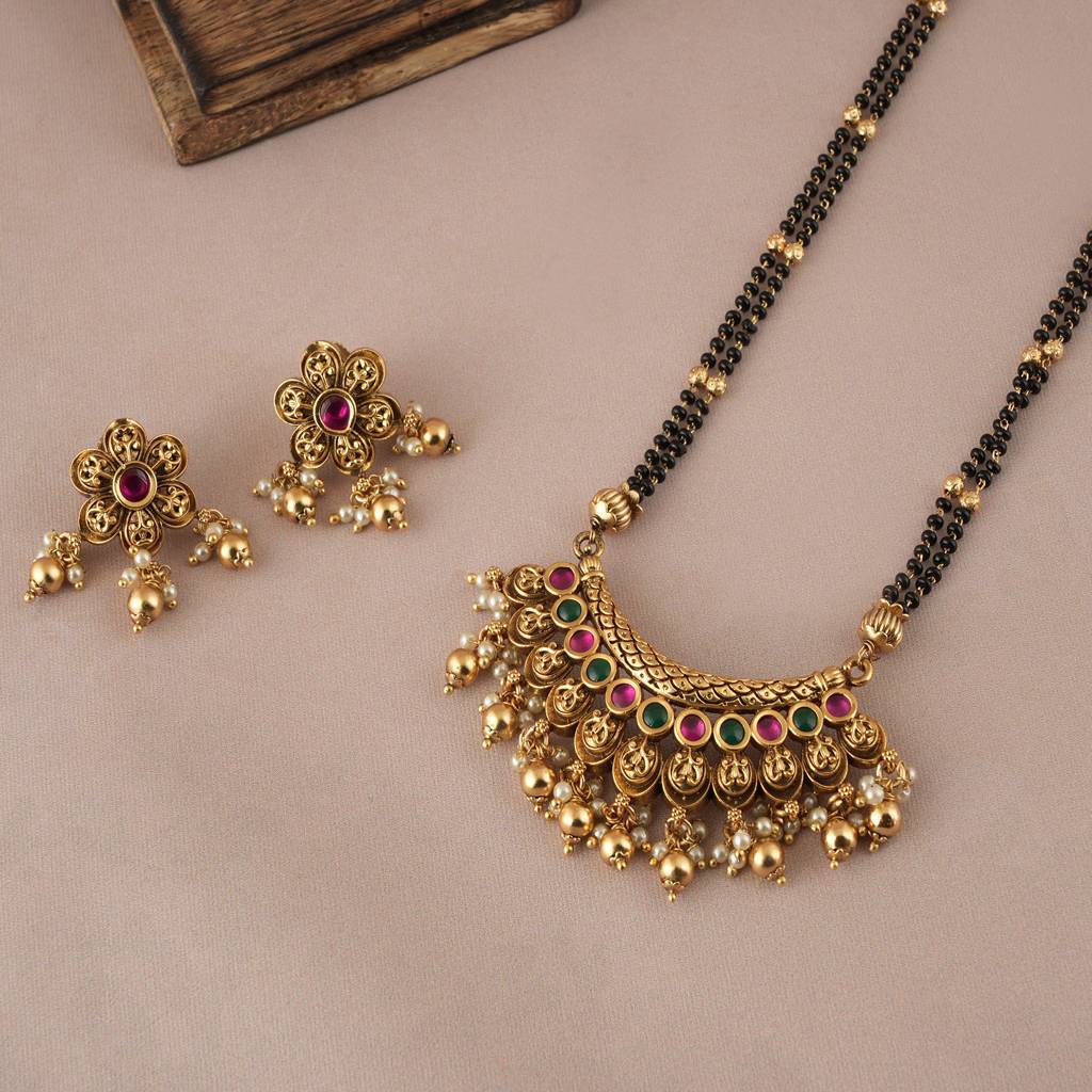 Long Antique Gold Plated Stone Mangalsutra Set For Women | Long Antique ...