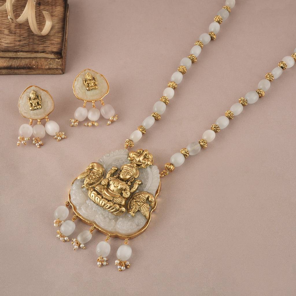 Long Gold Plated Maa Lakshmi White Stone Necklace Set | Long Gold ...
