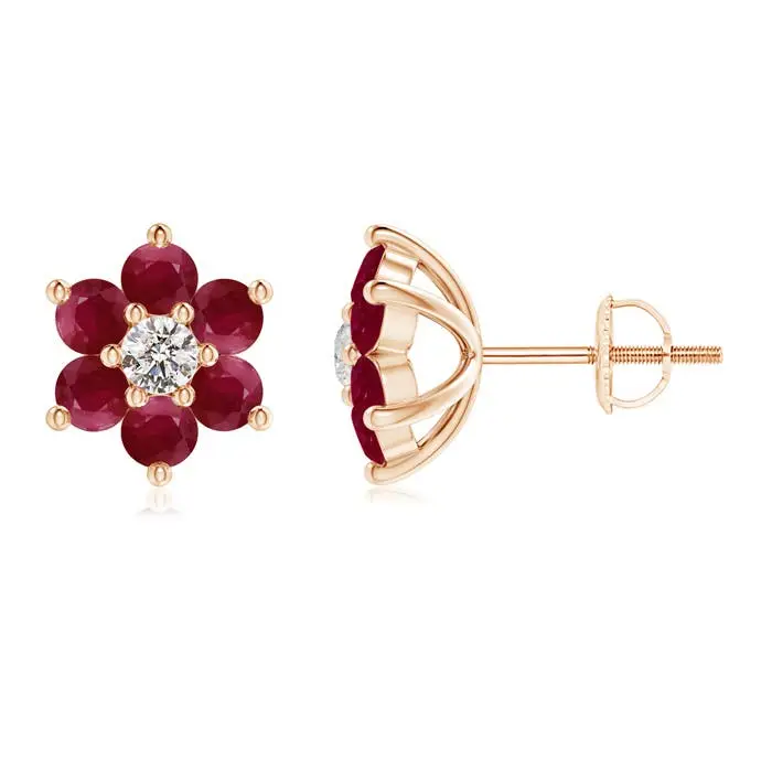 Six Petal Diamond And Ruby Flower Stud Earrings | Six Petal Diamond And Ruby Flower Stud ...