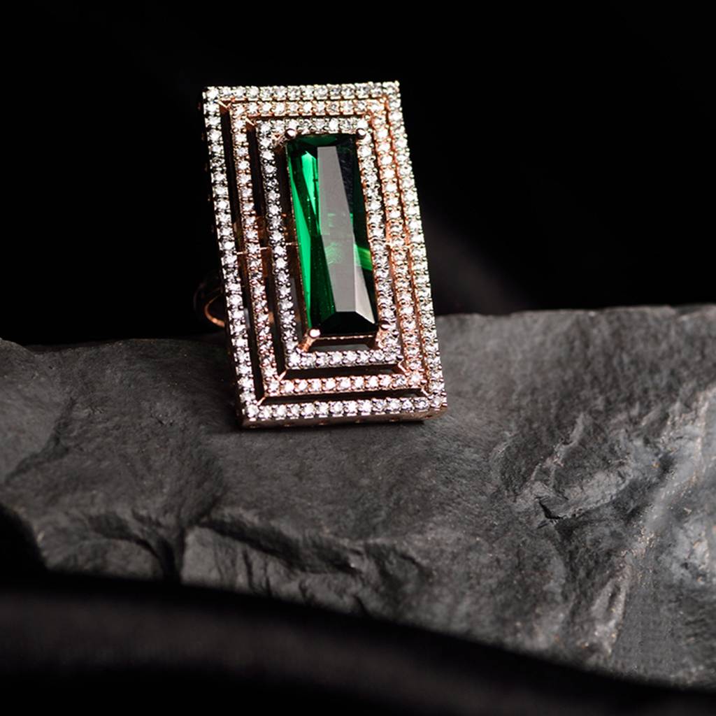 Rose Gold Plated Green Studded Solitaire Adjustable Cocktail Finger ...