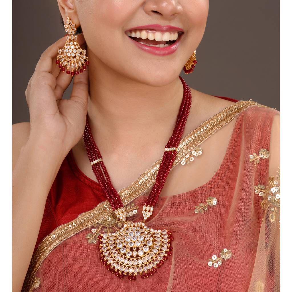 Gold Plated Polki Red Mala Beaded Rani Haar Jewellery Set | Gold Plated ...