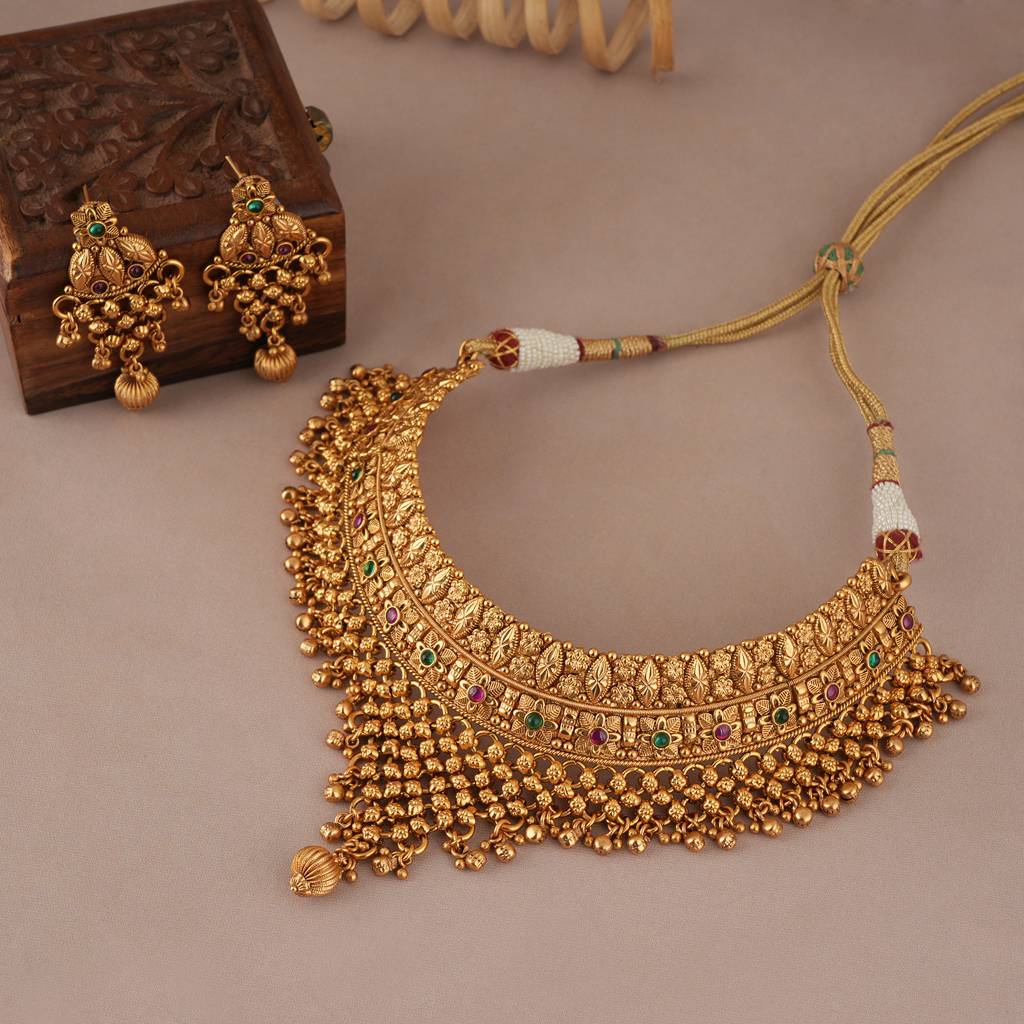 Stunning Multicolor Broad Antique Gold Choker Set | Stunning Multicolor ...