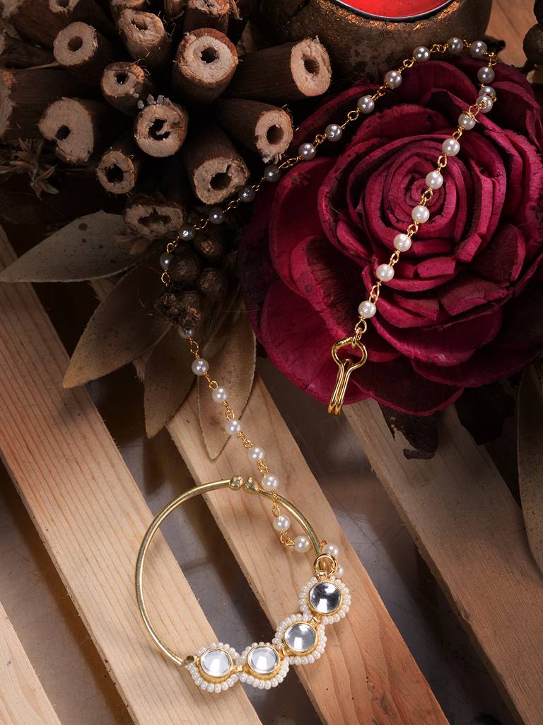 Gold Plated White Polki Studded & Beaded Exquisite Nath With Chain ...