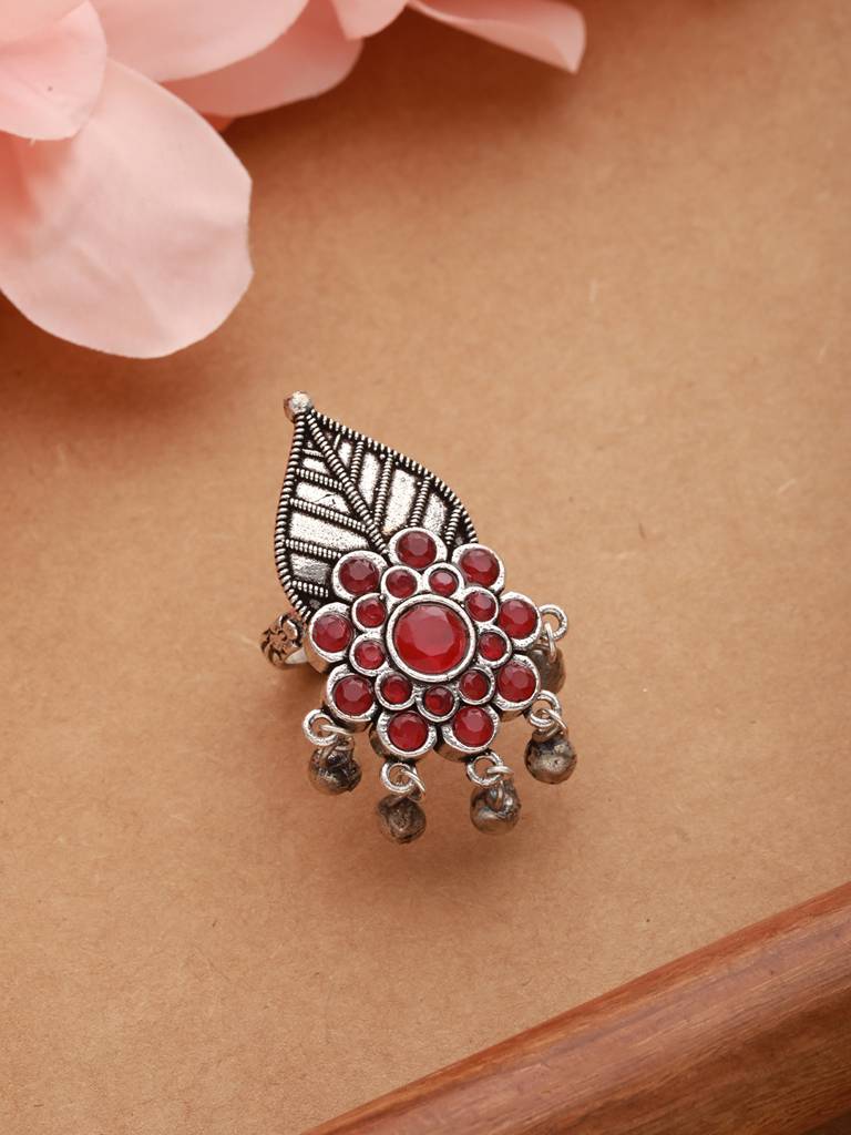 Silver-Plated & Red Stone Studded Leaf-Shaped Adjustable Finger Ring ...