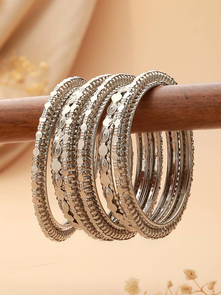 Set Of 18 Silver-Plated Oxidised Textured Bangles Set-Ba-Js23-60059 | Set Of 18 Silver-Plated ...