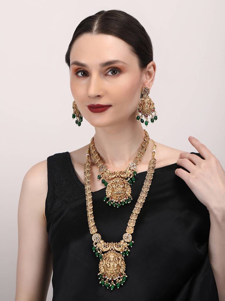 Luxurious Laxmi Patti Combo Jewelry Set With Green Beads | Luxurious ...