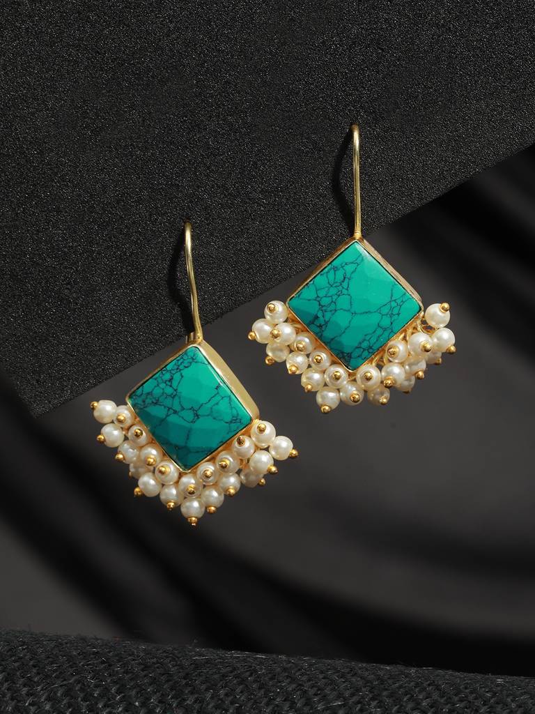 Gold Plated Turquoise Blue & Pearl Beaded Hoop Earrings | Gold Plated ...