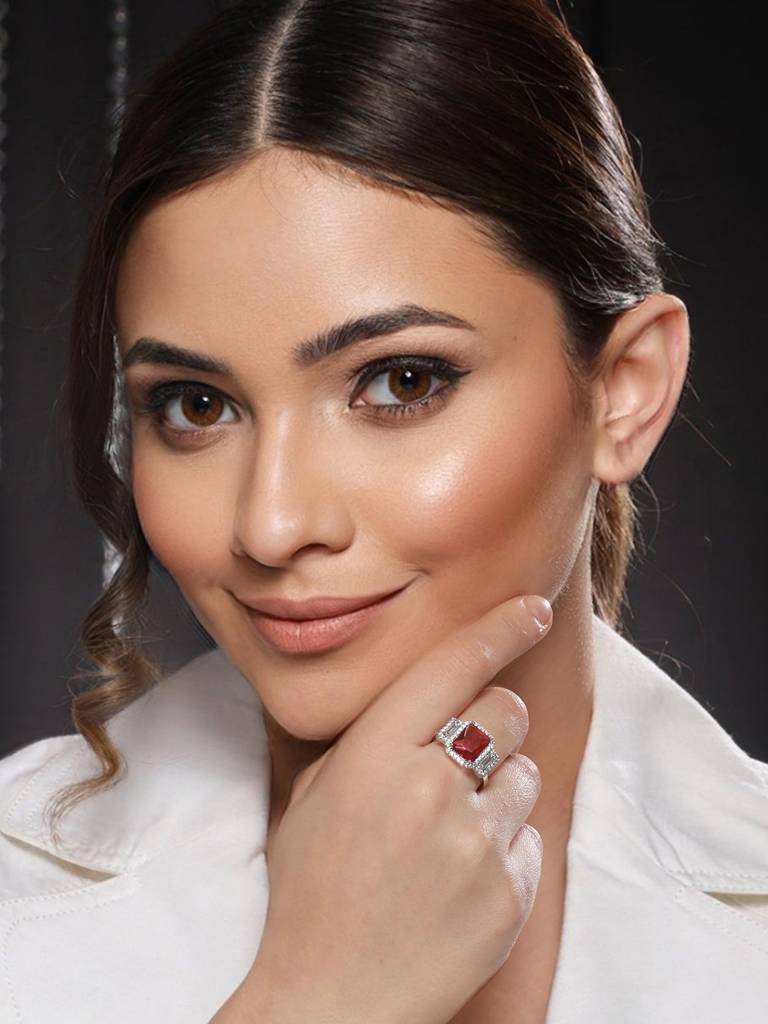 Silver Plated Red Ad Studded Minimal Engagement Finger Ring | Silver Plated Red Ad Studded ...