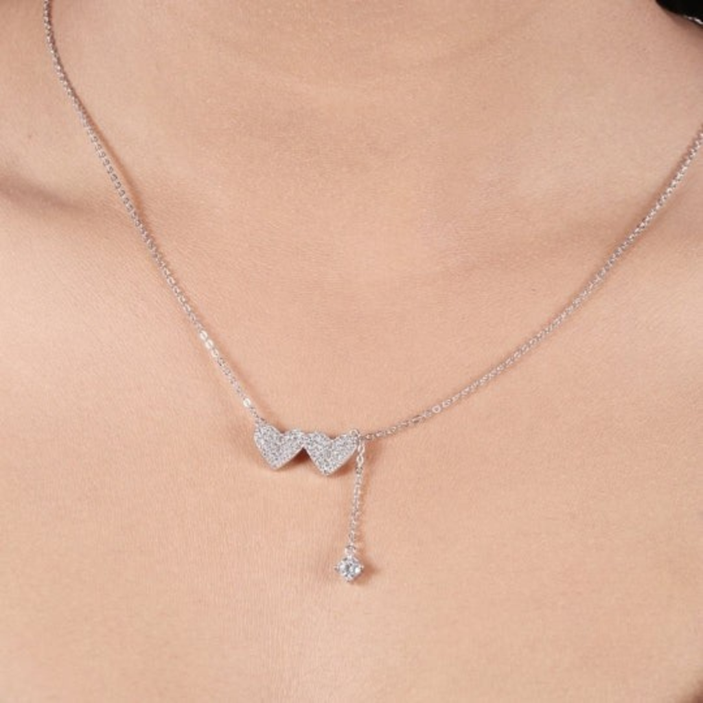 Sterling Silver Twin Heart Pendant Necklace With Sparkling Zircon ...