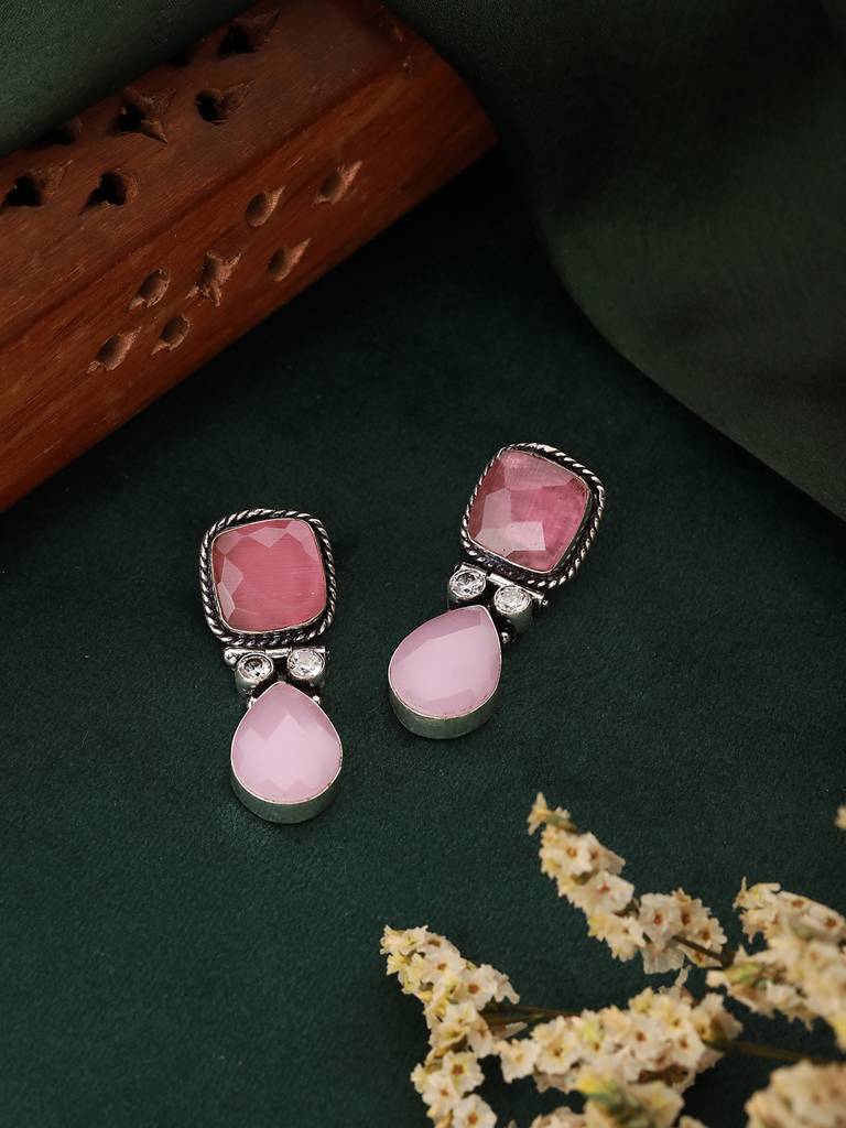 Silver Plated Pink Stone Statement Minimal Drop Earring | Silver Plated Pink Stone Statement ...