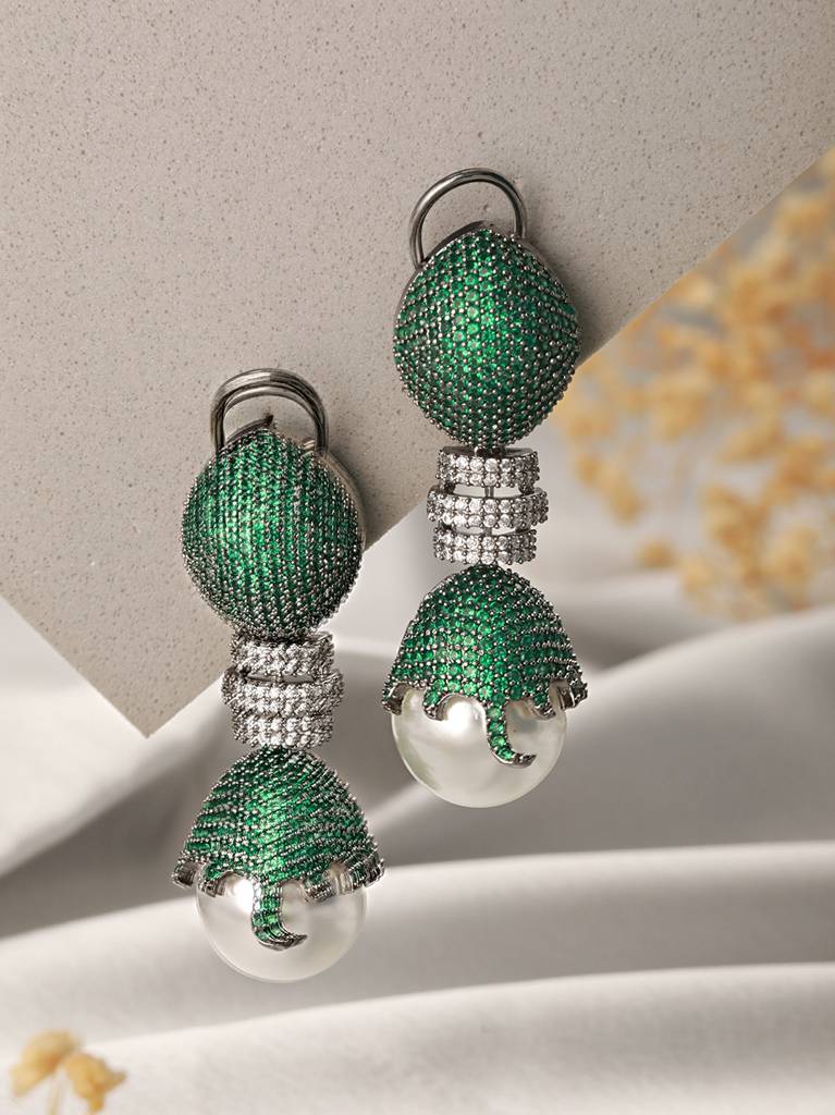 Green Ad & Pearl Beaded Designer Luxe Drop Earrings | Green Ad & Pearl ...