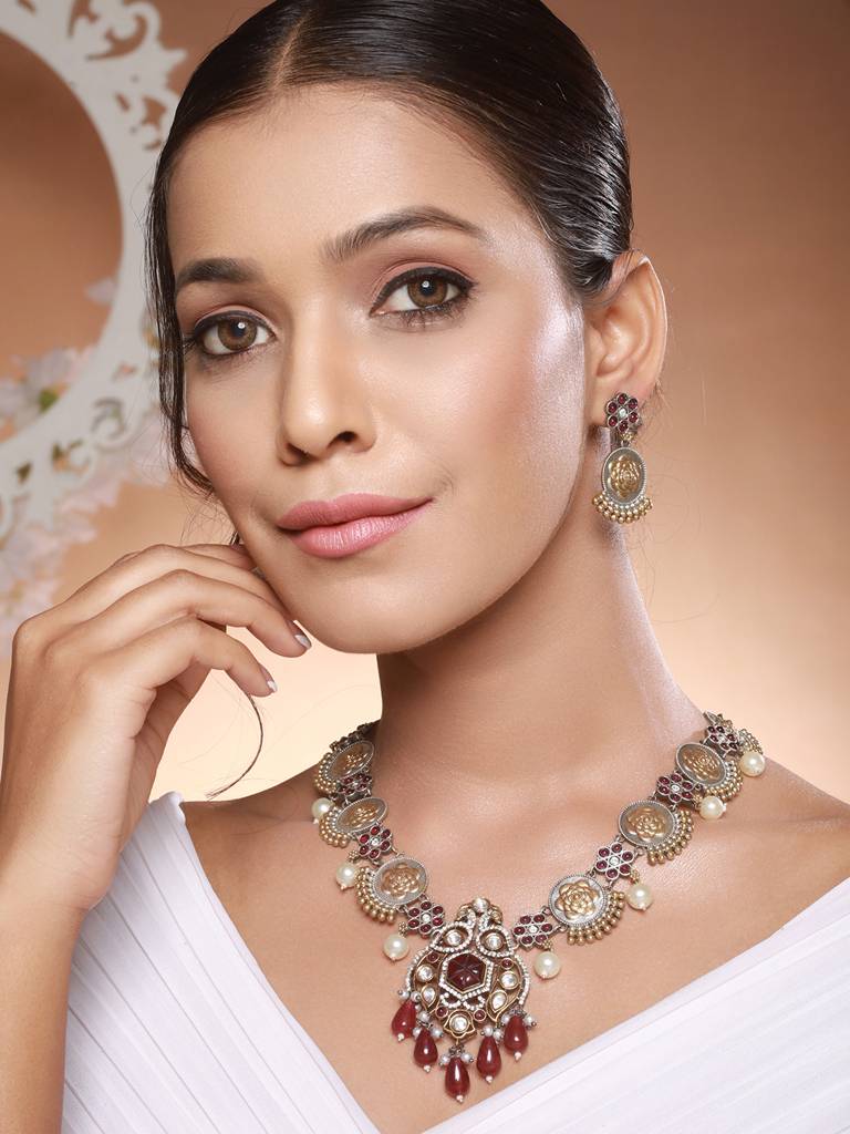 Dual Toned Silver Oxidised Maroon Pearl Beaded Floral Statement ...