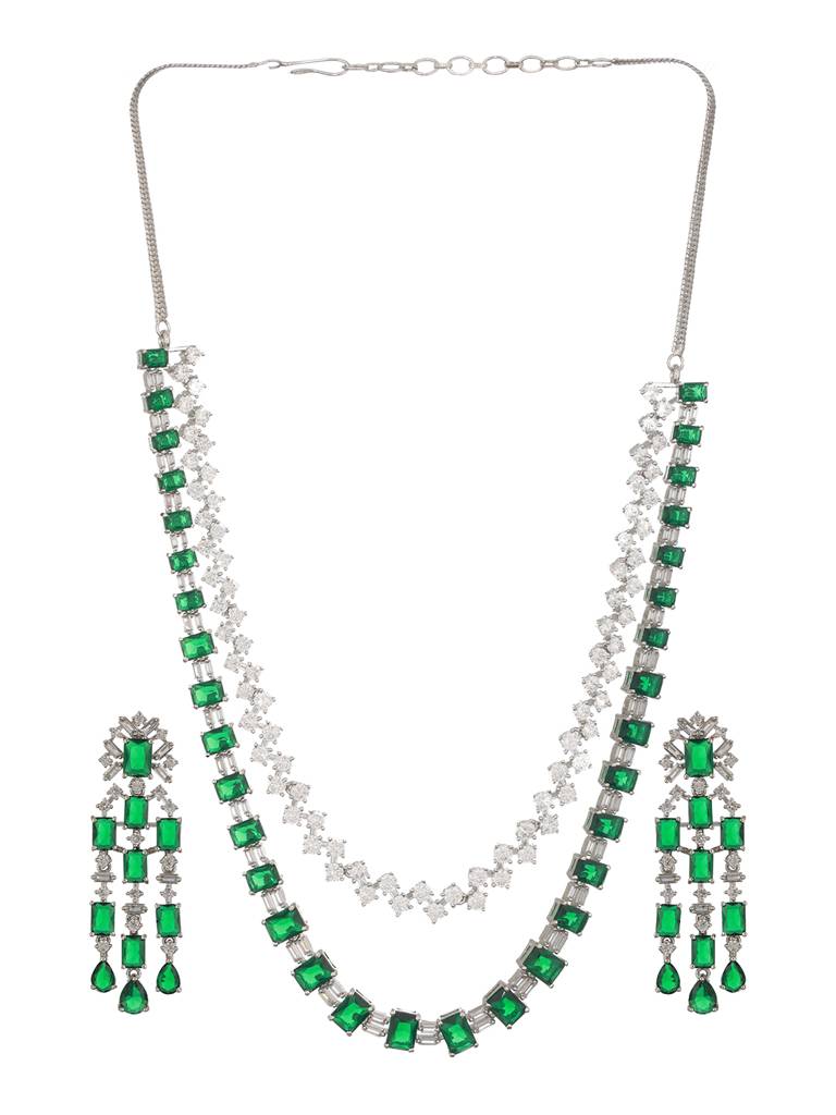 Silver Plated Emerald Green Double Lined Luxe Statement Bridal Jewellery Set | Silver Plated ...