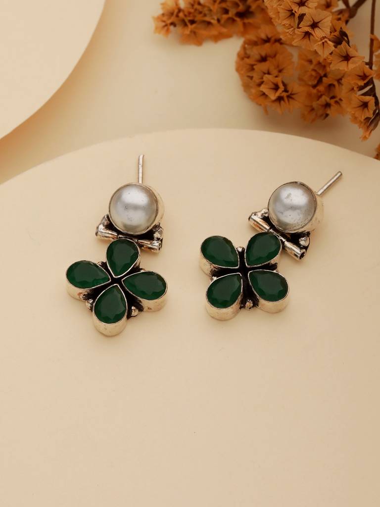 Silver Oxidised Green Stone & Pearl Drop Minimal Earrings | Silver ...