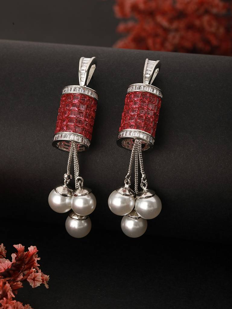 Silver Plated Red Cubic Zirconia & Pearl Beaded Designer Contemporary ...