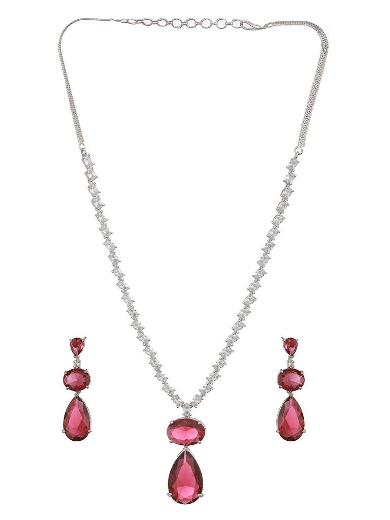 Rhodium Red Ruby Luxe Designer Contemporary Pendant Jewellery Set ...