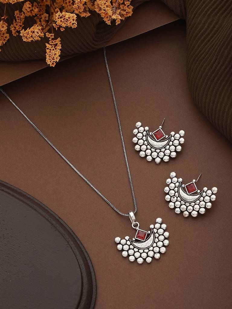 Oxidised Silver Plated Maroon Stone Locket Jewellery Set | Oxidised ...