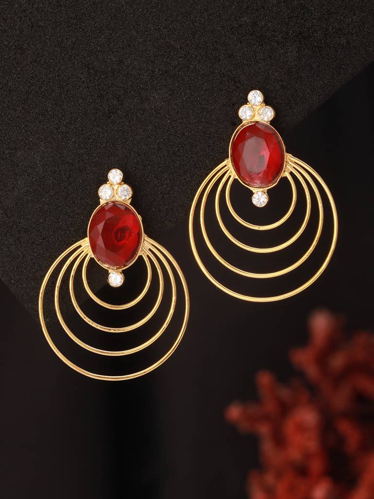24K Gold Plated Red Ruby Circular Minimal Chunky Chandbali Luxe Studds Earrings | 24K Gold ...