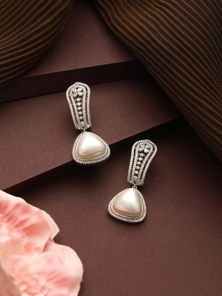 Silver Toned Zircon Studded Triangular Pearl Beaded Handcrafted Bali Hoop Earrings | Silver ...
