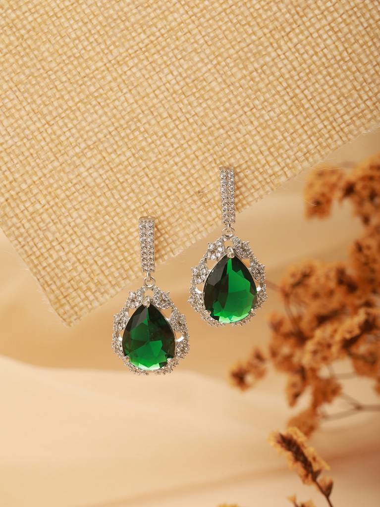 Silver Plated Emerald Green Ad Tear Shaped Contemporary Drop Earrings ...