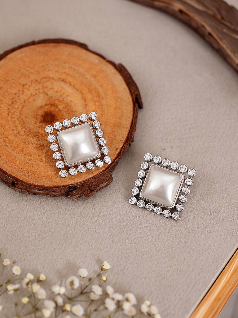 Silver Plated Faux Pearl Studded Square Statement Studds Earrings | Silver Plated Faux Pearl ...