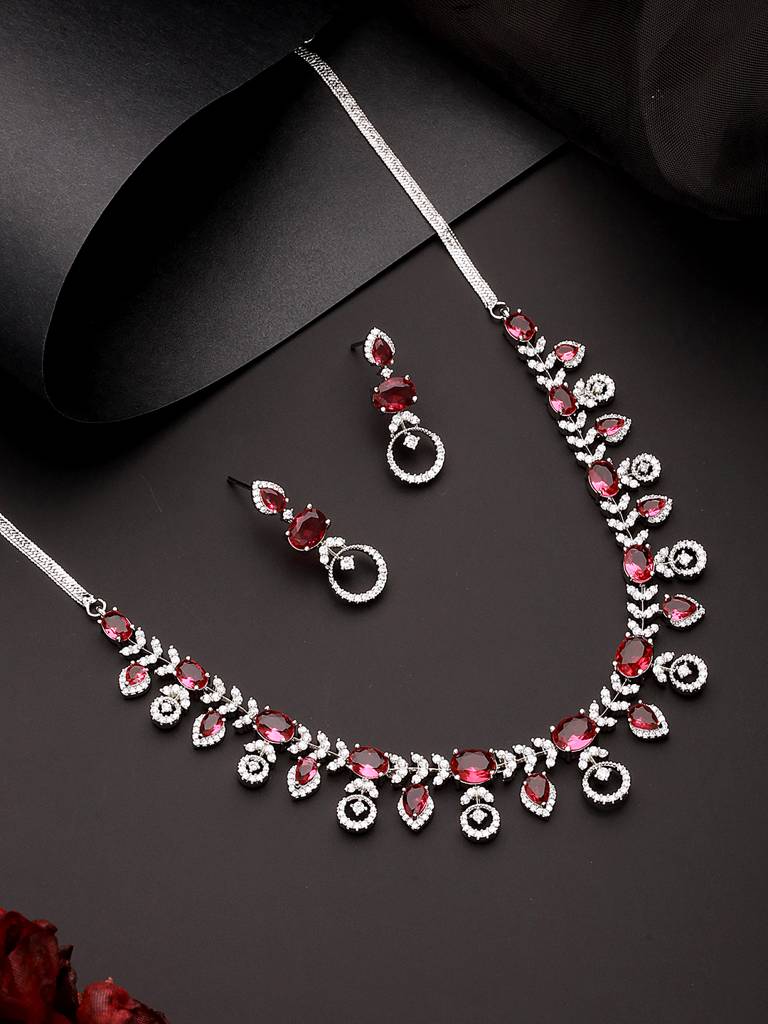 White Rhodium Red Ruby Studded Leaf Design Statement Jewellery Set ...