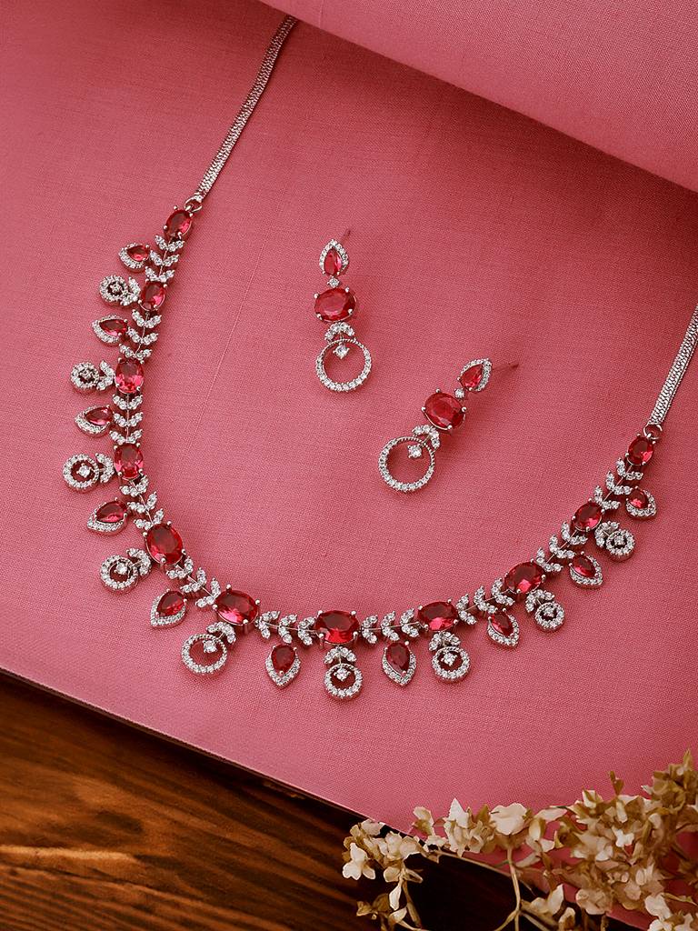 White Rhodium Red Ruby Studded Leaf Design Statement Jewellery Set ...