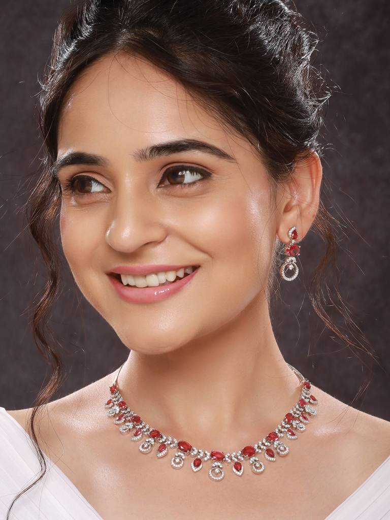 White Rhodium Red Ruby Studded Leaf Design Statement Jewellery Set ...