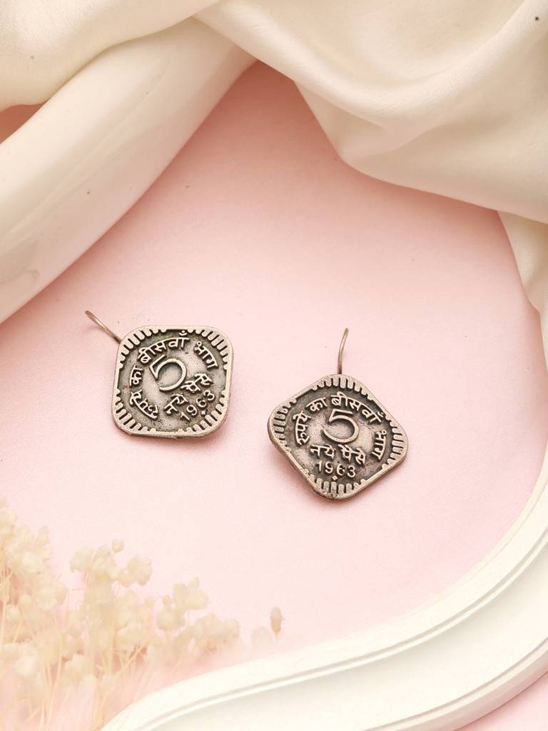Oxidised Silver Lookalike 5 Paise Stamp Minimal Fishhook Earrings ...