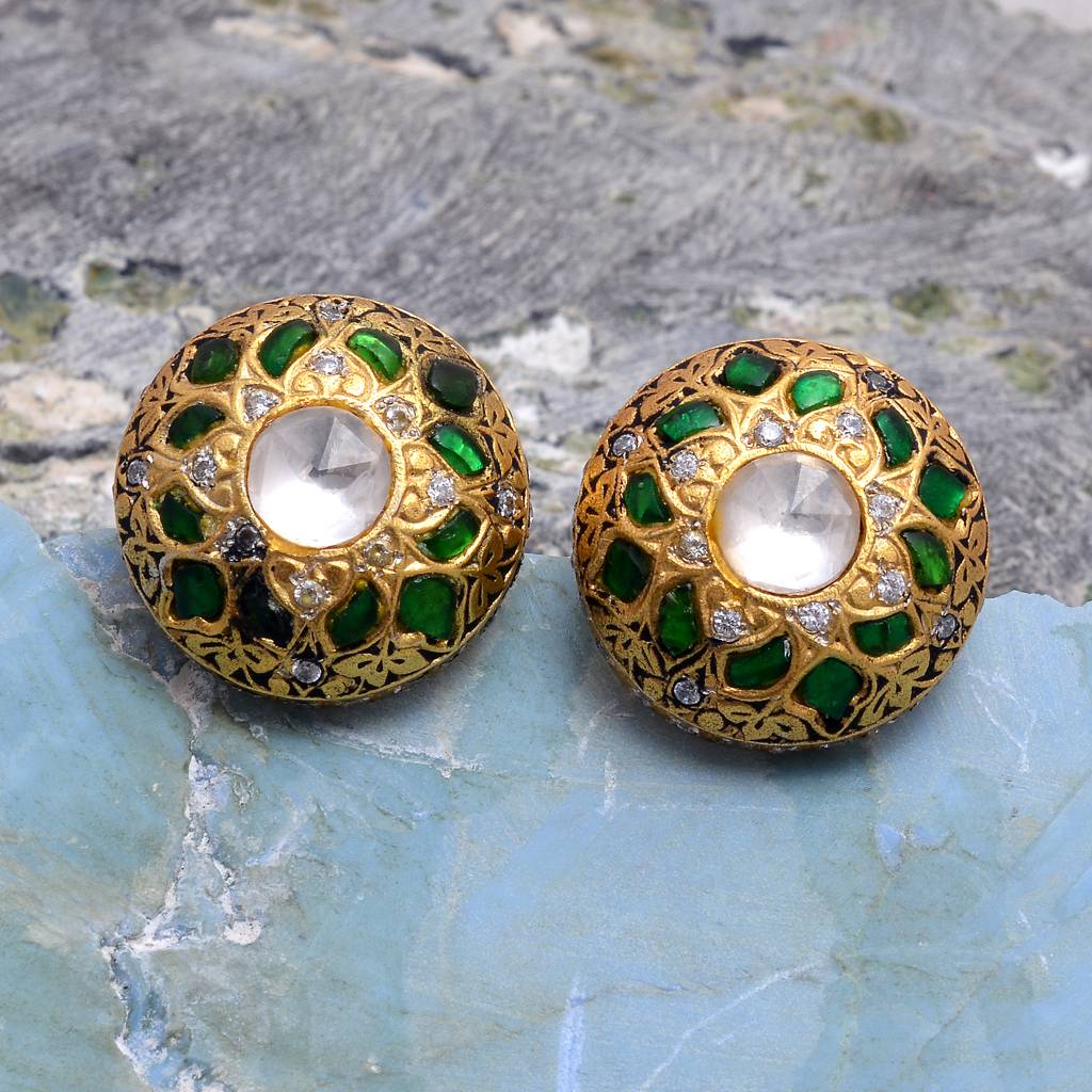925 Sterling Dangling Studs With 24K Gold Plated And Cystal Polki And ...