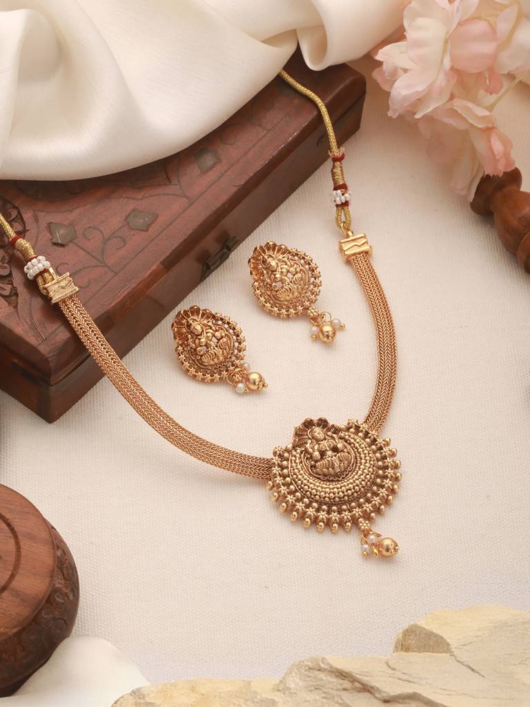 Gold Polish Flexible Brass Chain Minimal Temple Lakshmiji Jewellery Set ...