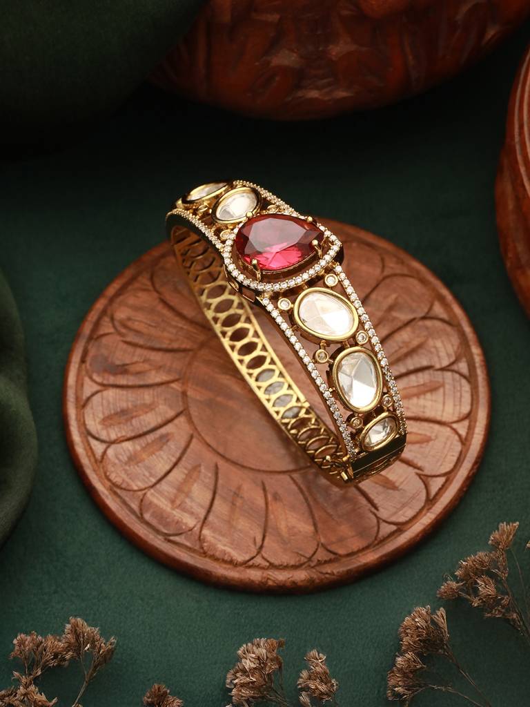 Gold Polish Ruby Red Kundan Mossanaite Tilak Shaped Openable Kada ...