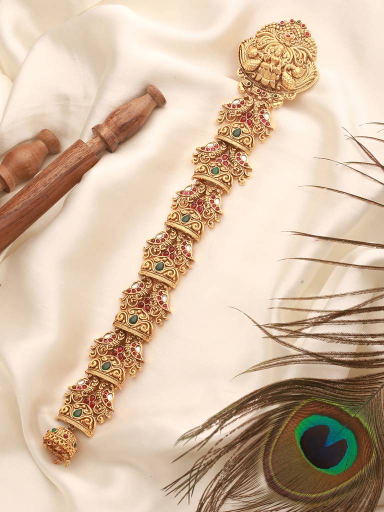 Gold Plated Red Kempo Studded Nagas Lakshmiji Peacock Temple Jadai ...