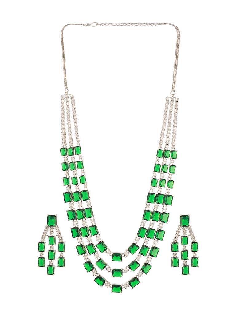 Silver Plated Emerald Green Ad Studded Layered Statement Necklace ...