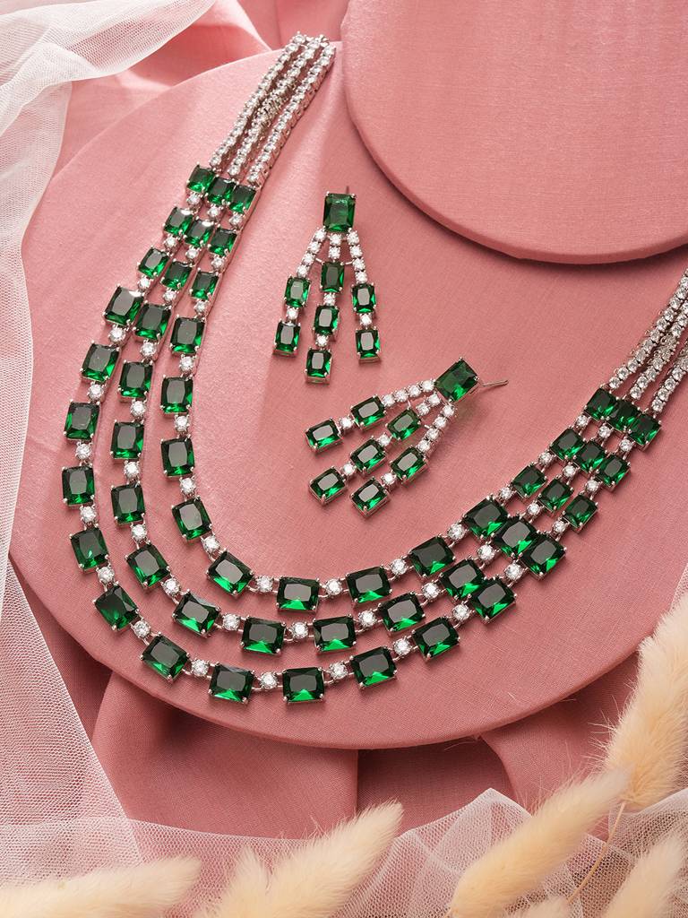 Silver Plated Emerald Green Ad Studded Layered Statement Necklace ...
