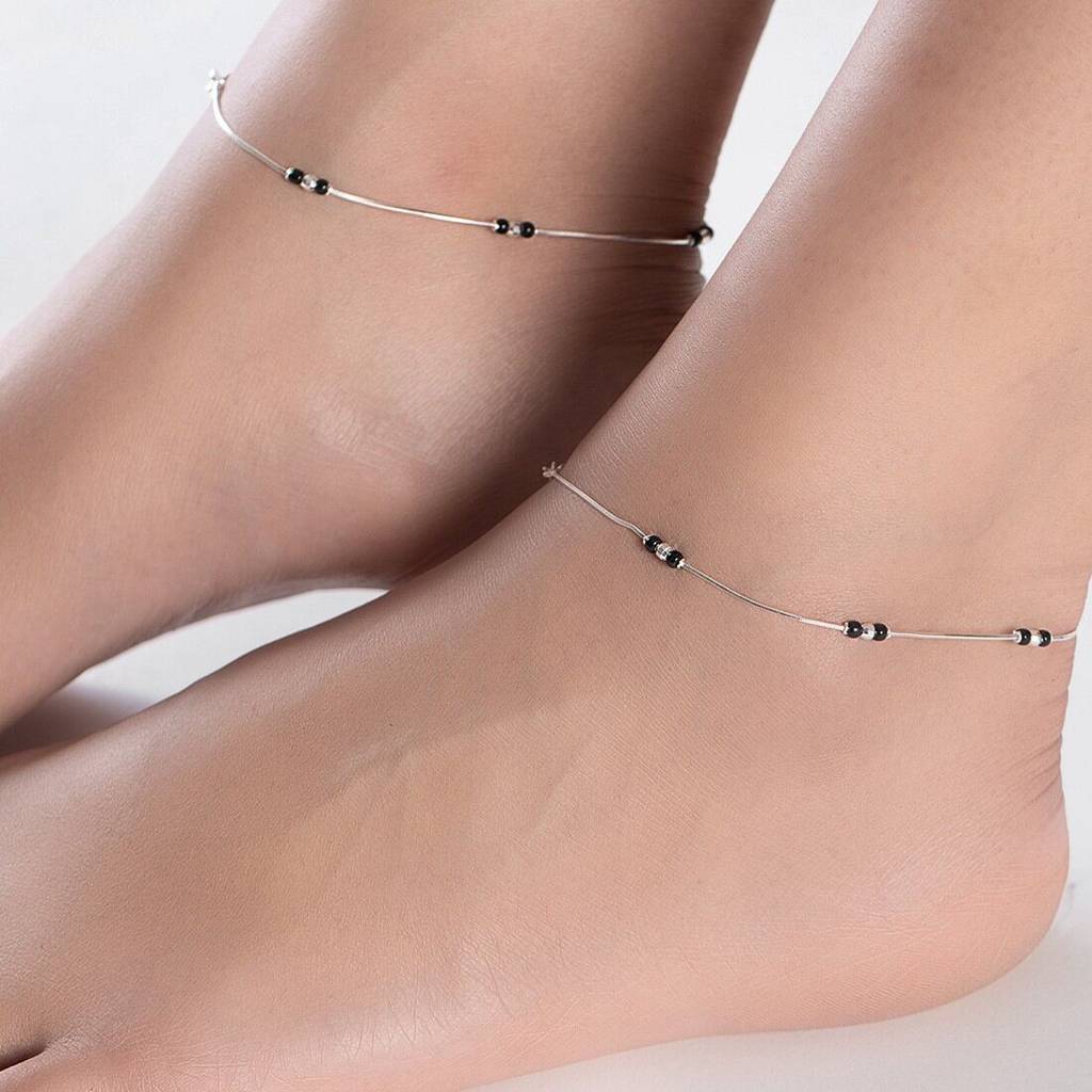 Shimmering Harmony: Rhodium-Plated Sterling Silver Anklet With Beaded ...