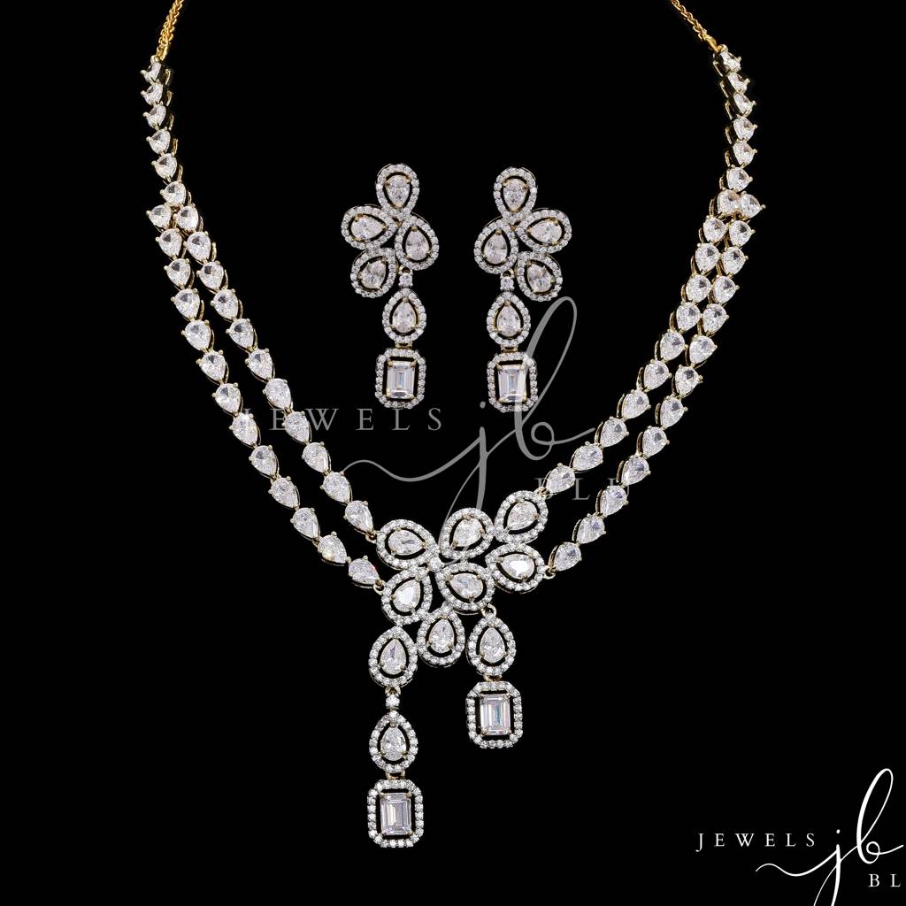 Gold Finish Samara Premium Dual Solitaire Statement Necklace Set | Gold ...