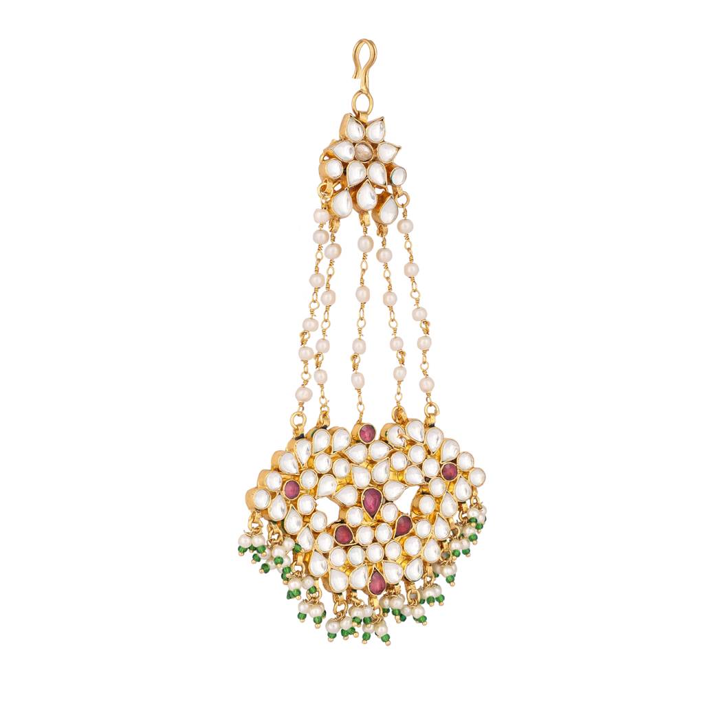 22K Gold Plated Kundan Pearls & Green Stones Paasa | 22K Gold Plated ...