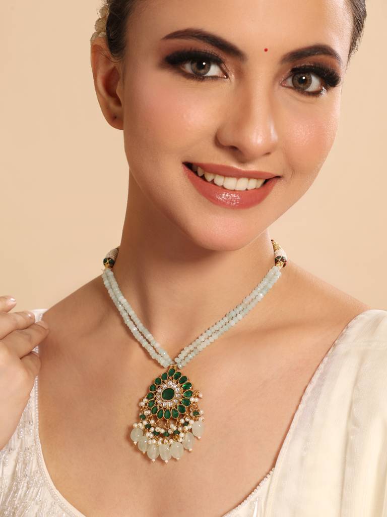 22K Gold Plated Ziva Bloom Green Beaded Necklace | 22K Gold Plated Ziva Bloom Green Beaded ...