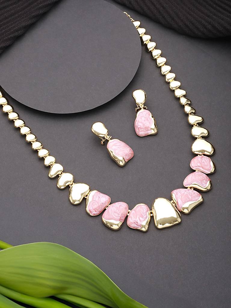 Anti-Tarnish Gold Plated Pink Enamelled Minimal Luxe Jewellery Set ...