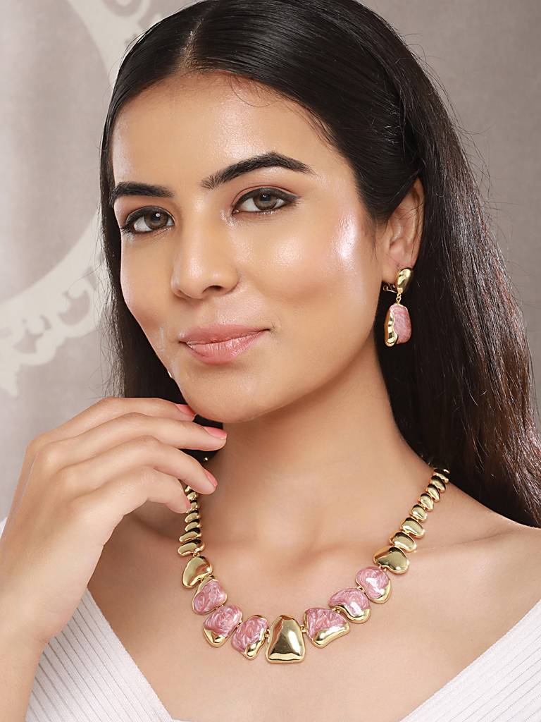 Anti-Tarnish Gold Plated Pink Enamelled Minimal Luxe Jewellery Set ...