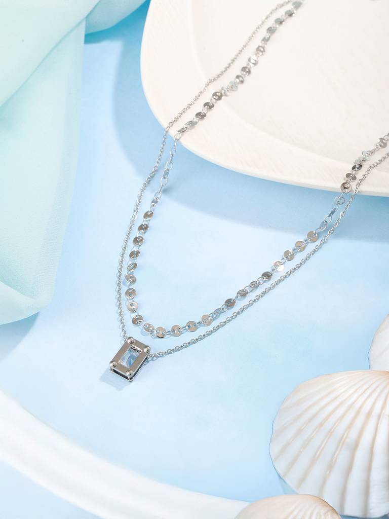Anti-Tarnish Rhodium Plated Layered Ball Chain Shiny Geometric Square ...