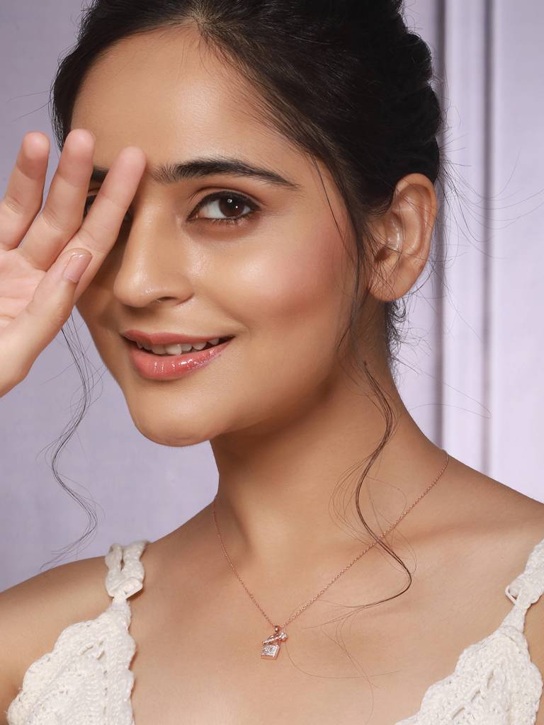 Anti-Tarnish Rose Gold Plated Ad Studded Lock & Key Pendant Minimal ...