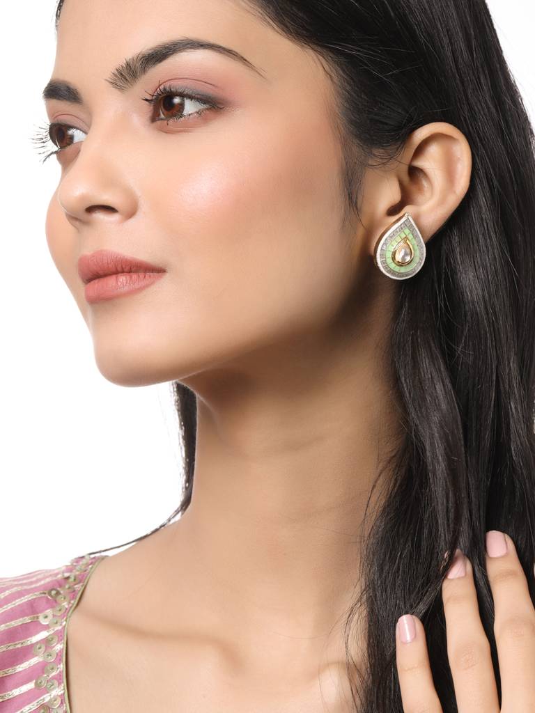 Handcrafted 18K Gold Plated Green Meena Tear Shape Studs | Handcrafted ...