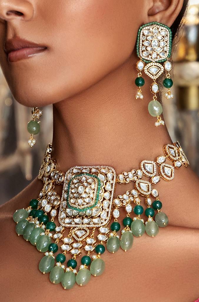 Polki & Green Jade Tumbles Bridal Necklace Set | Polki & Green Jade ...