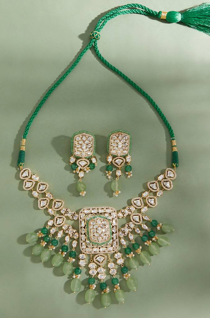 Polki & Green Jade Tumbles Bridal Necklace Set | Polki & Green Jade ...