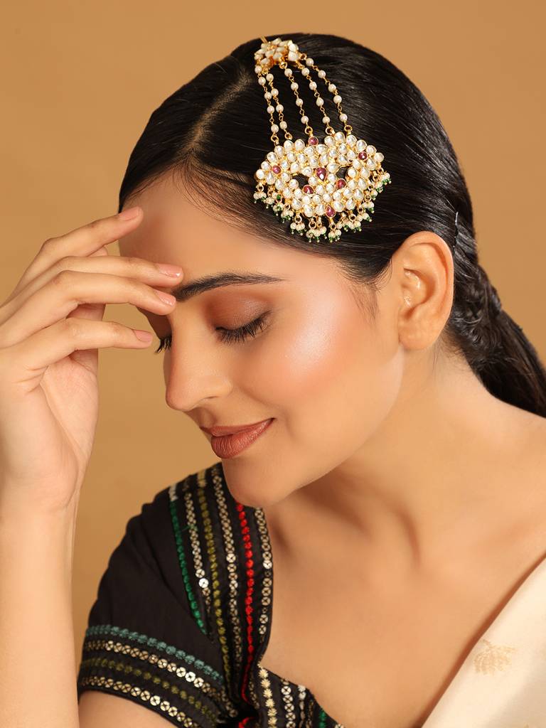 22K Gold Plated Kundan Pearls & Green Stones Paasa | 22K Gold Plated ...