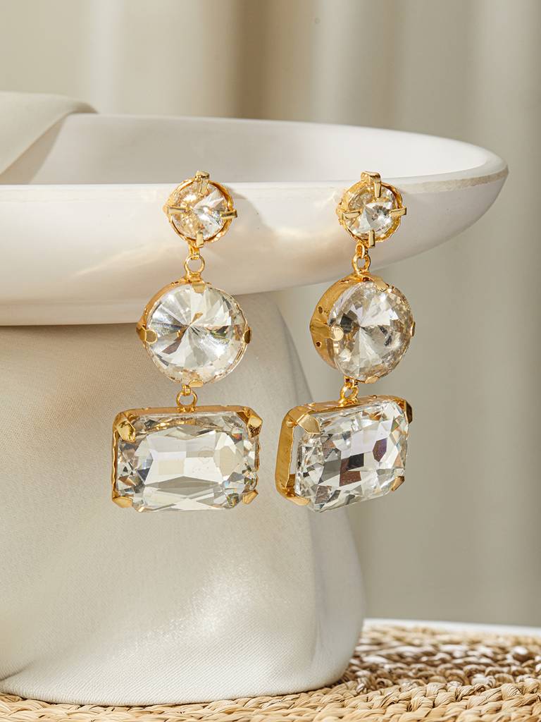 Gold-Plated Contemporary Stone Studded Drop Earrings | Gold-Plated ...