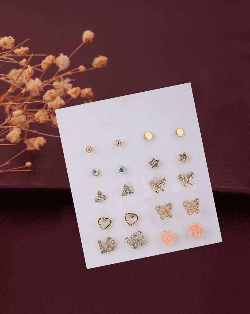 Set Of 10 Gold-Toned & Pink Contemporary Studs Earrings | Set Of 10 Gold-Toned & Pink ...