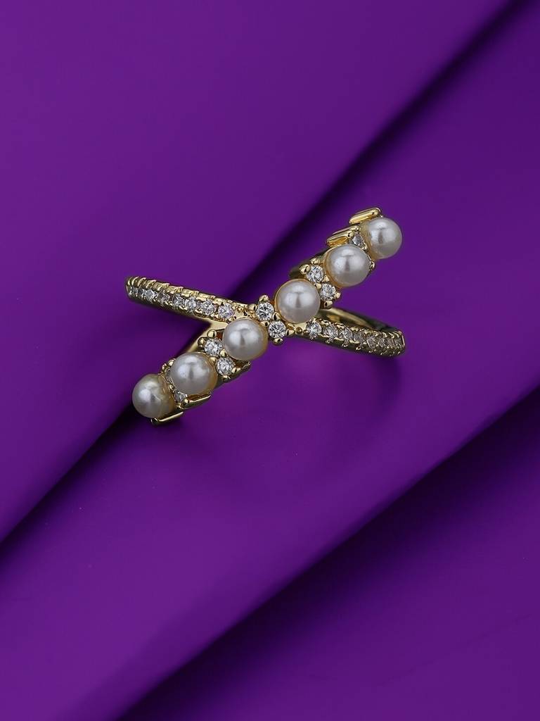 Premium Gold-Plated Stone-Studded & Pearl Beaded Adjustable Finger Ring ...
